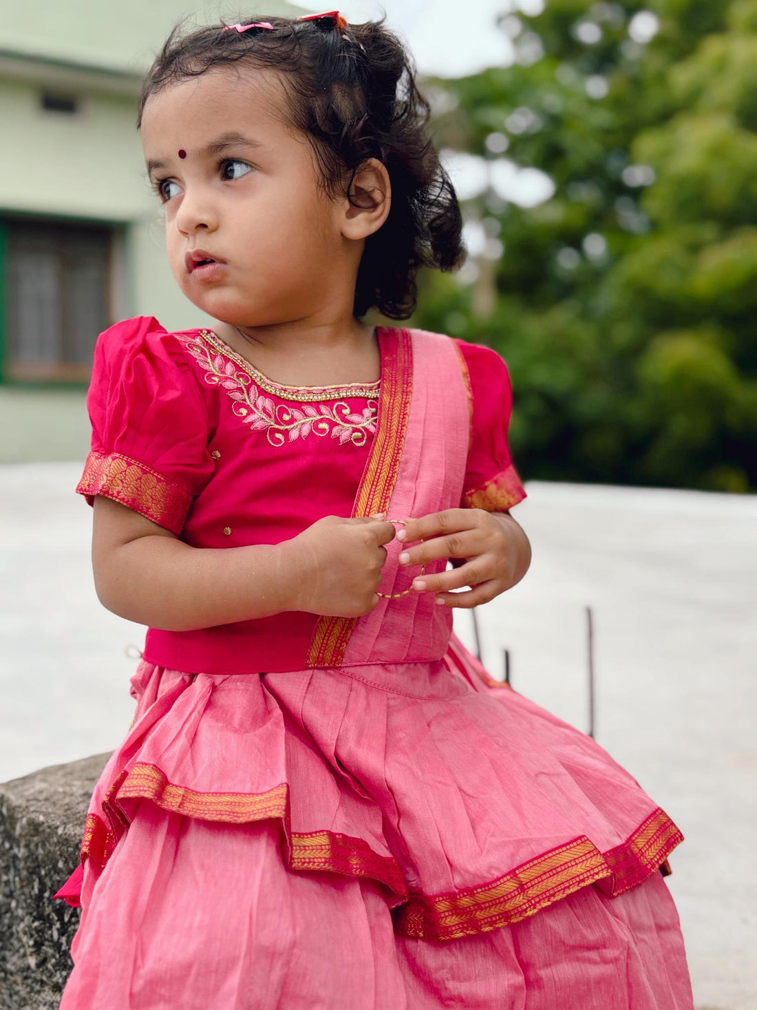 Baby pink and festive pink traditional Ready to wear saree for kids ...