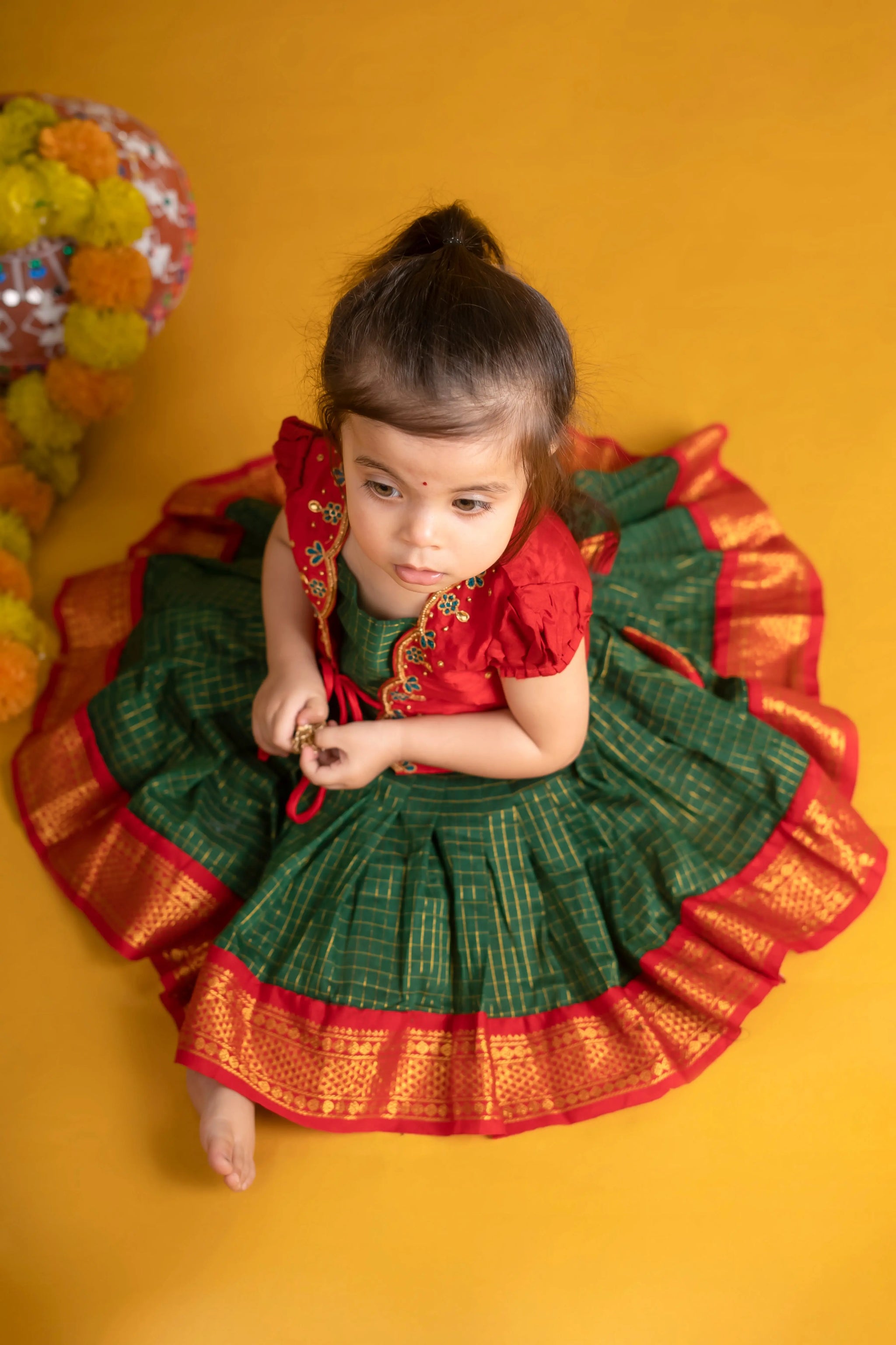 Traditional green and red checked langa jacket ethnic wear for baby gi ...